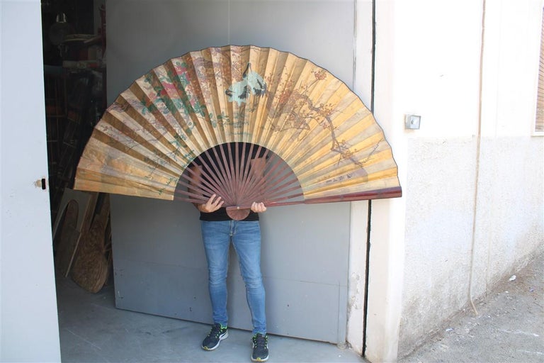 Decorative Mid-Century Chinese Fan Paper Decorated Painted Wooden ...