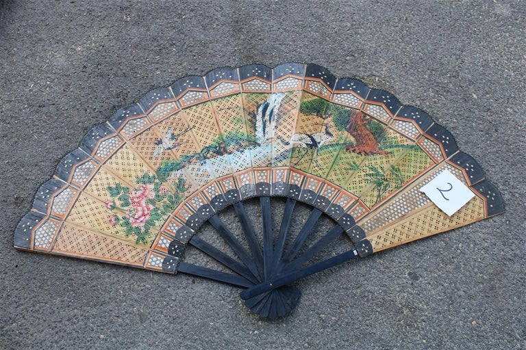 Decorative Mid-Century Chinese Fan in Paper Decorated Painted Wooden ...