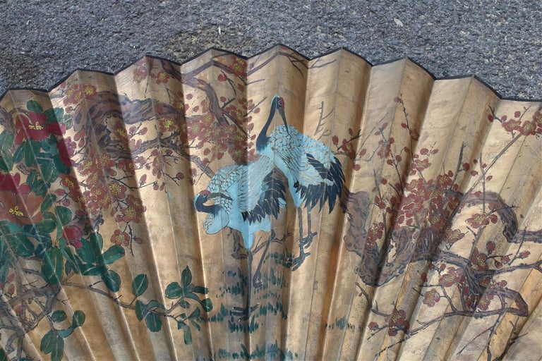 Decorative Mid-Century Chinese Fan Paper Decorated Painted Wooden ...