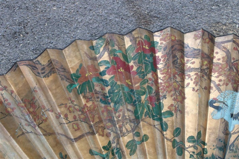 Decorative Mid-Century Chinese Fan Paper Decorated Painted Wooden ...