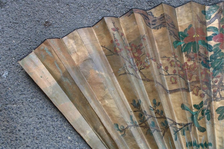 Decorative Mid-Century Chinese Fan Paper Decorated Painted Wooden ...