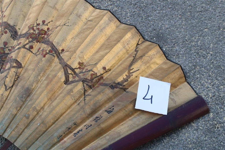 Decorative Mid-Century Chinese Fan Paper Decorated Painted Wooden ...