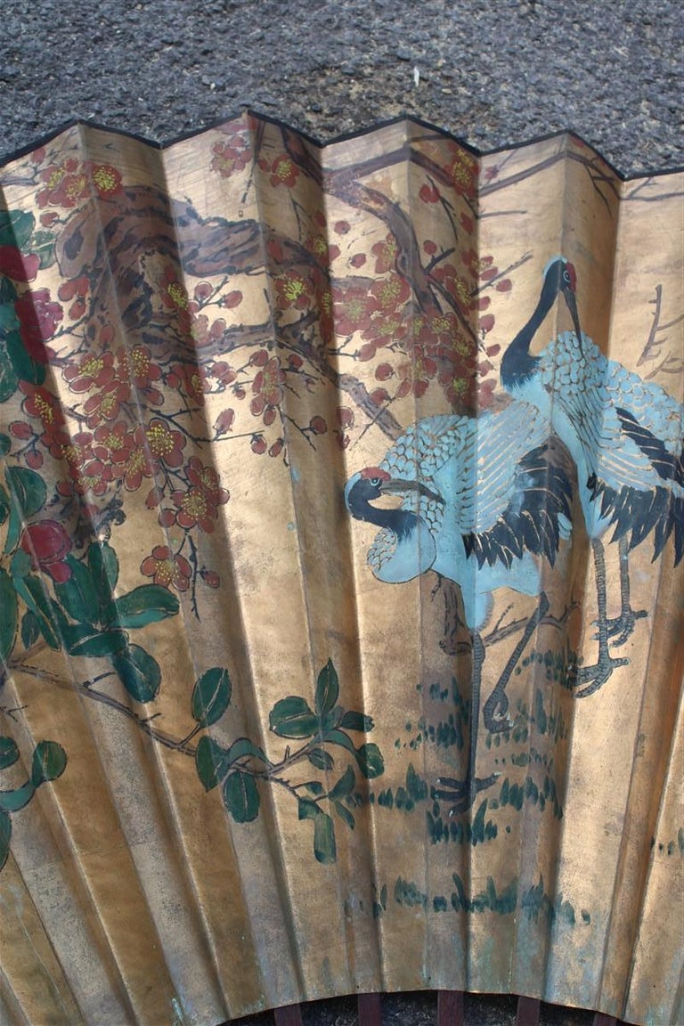 Decorative Mid-Century Chinese Fan Paper Decorated Painted Wooden ...