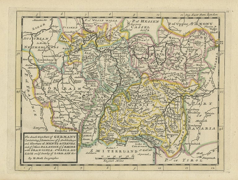 Decorative Original Antique Map of Southern Germany, c.1730 For Sale at ...