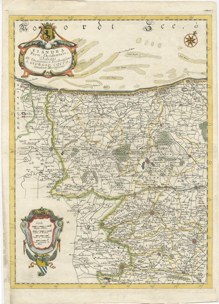 Decorative Original Antique Map of the North of Flanders, Belgium, 1697 ...