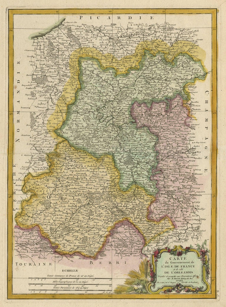 Decorative Rare Map of the French Regions of Isle De France and Orleans ...