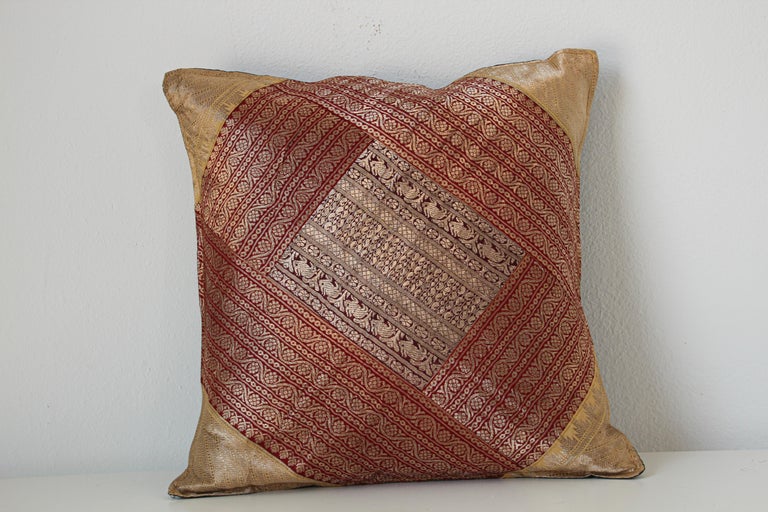Decorative Silk Throw Pillow Made from Vintage Sari Borders, India at ...