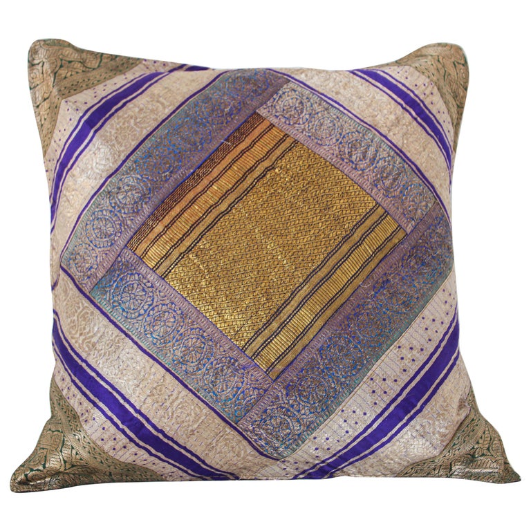 Decorative Silk Throw Pillow Made from Vintage Sari Borders, India at ...