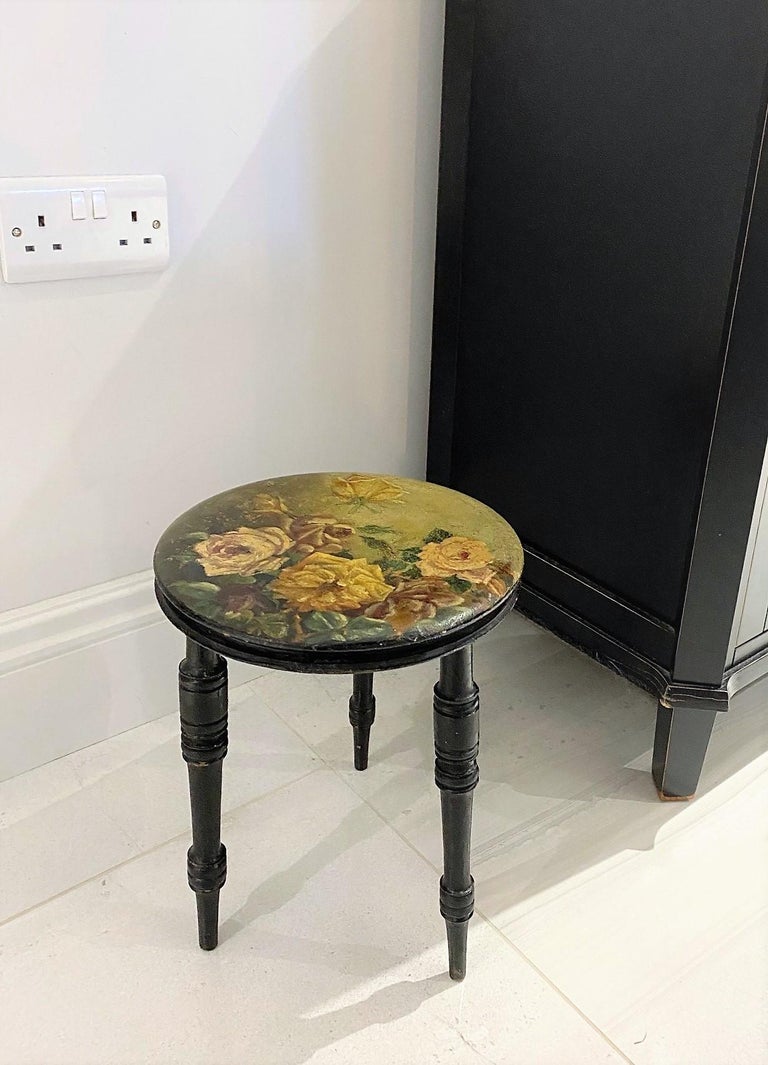 Decorative Small Floral Painted Ebonised Victorian Stool For Sale at ...