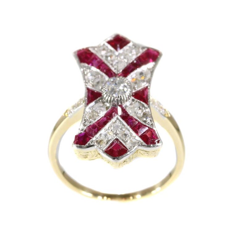 Decorative Vintage Art Deco Ruby and Diamond Engagement Ring at 1stDibs