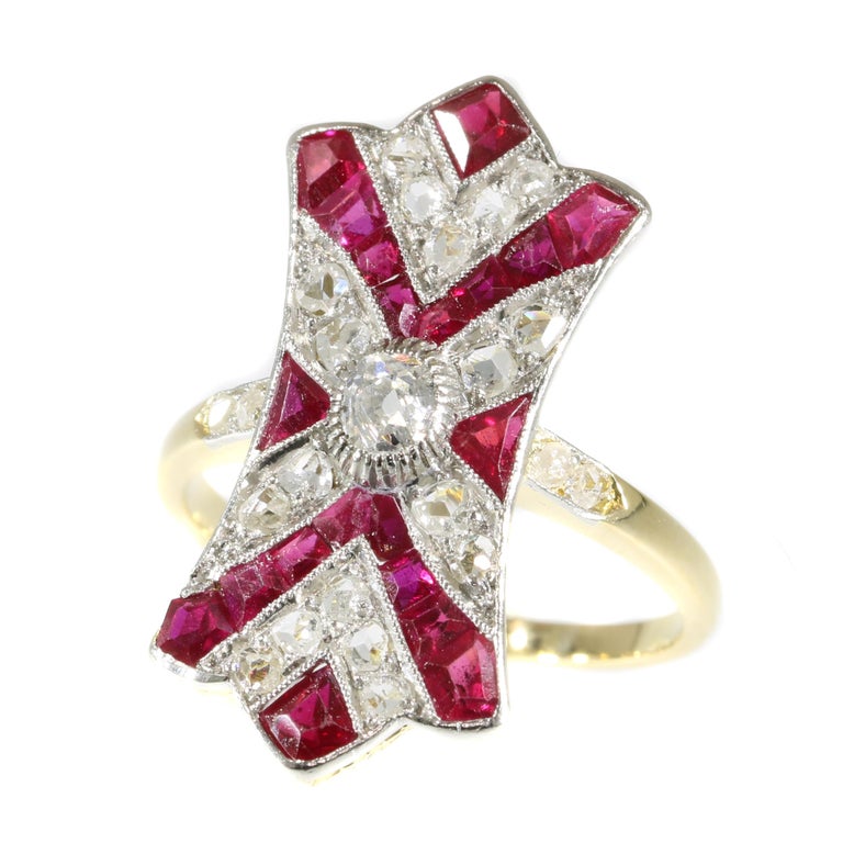 Decorative Vintage Art Deco Ruby and Diamond Engagement Ring at 1stDibs