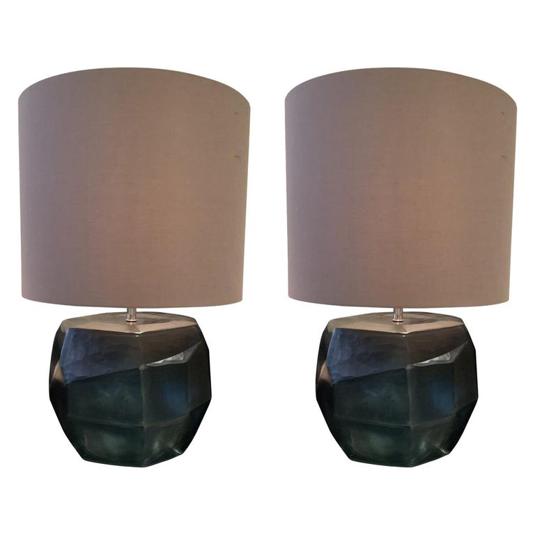 Deep Blue Pair Cubist Cut Glass Lamps, Romania, Contemporary For Sale ...