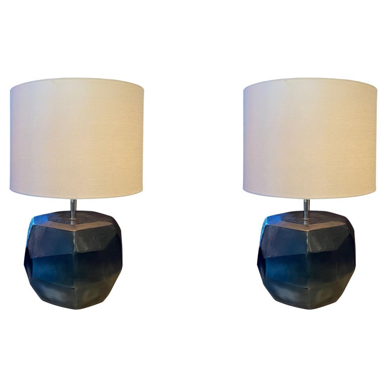 Deep Blue Pair Cubist Cut Glass Lamps, Romania, Contemporary For Sale ...