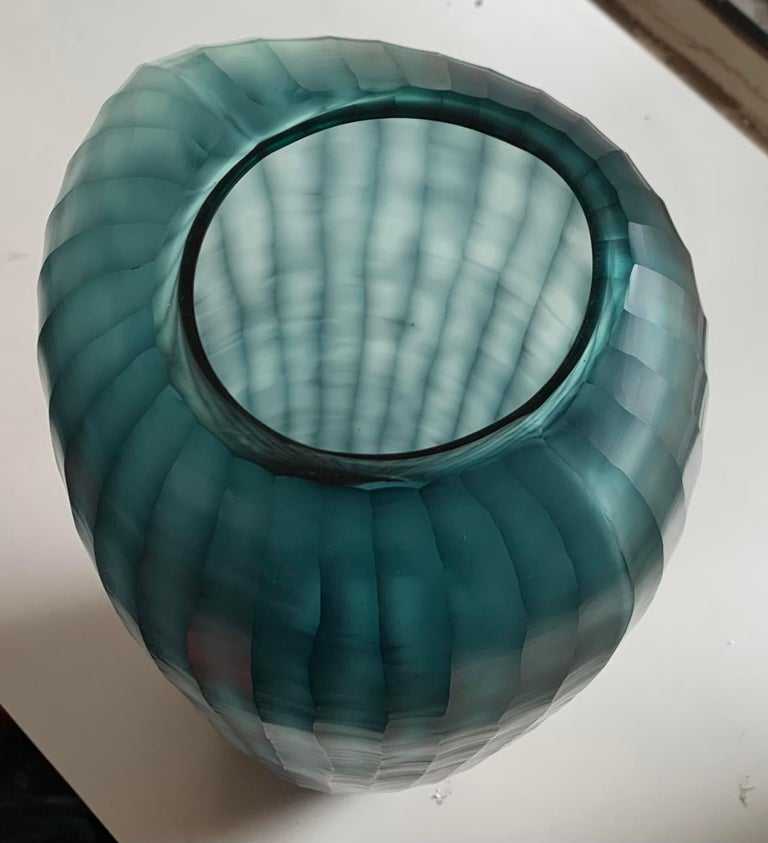 Deep Blue Tall Vertical Rib Cut Glass Vase, Romania, Contemporary For ...