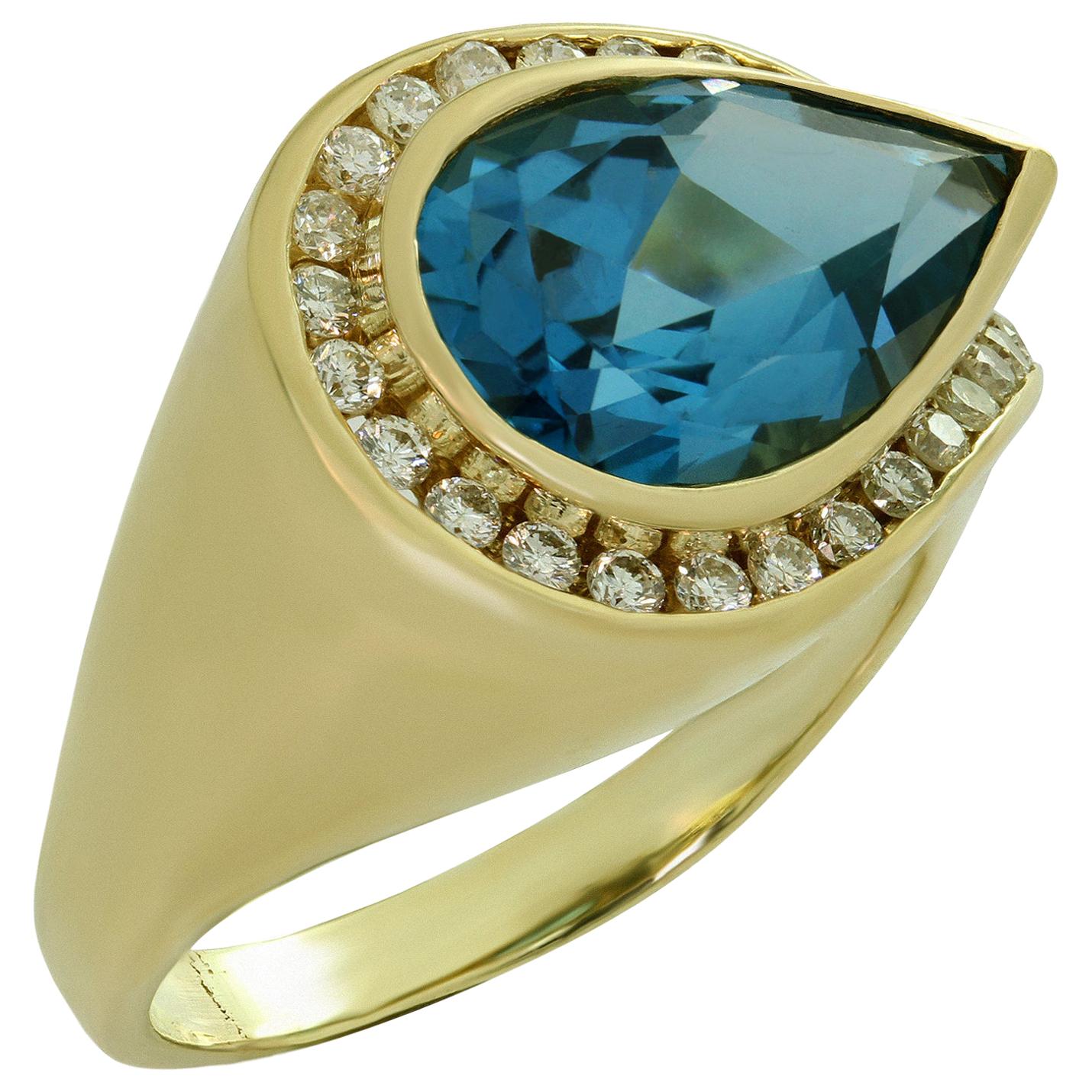 Stunning London Blue Topaz Diamond Gold Ring at 1stDibs