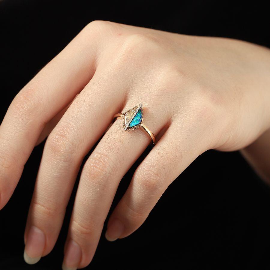 Deep Blue Triangle Boulder Opal Diamond Engagement Ring 18K Yellow Gold ...