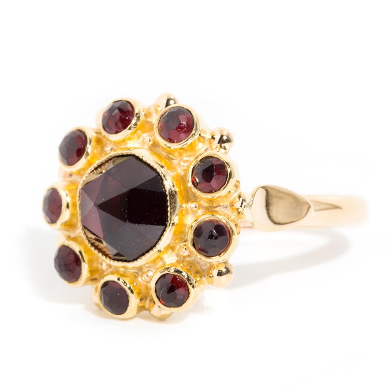 Deep Red Bohemian Garnet Vintage Halo Cluster Ring in 14 Carat Yellow ...