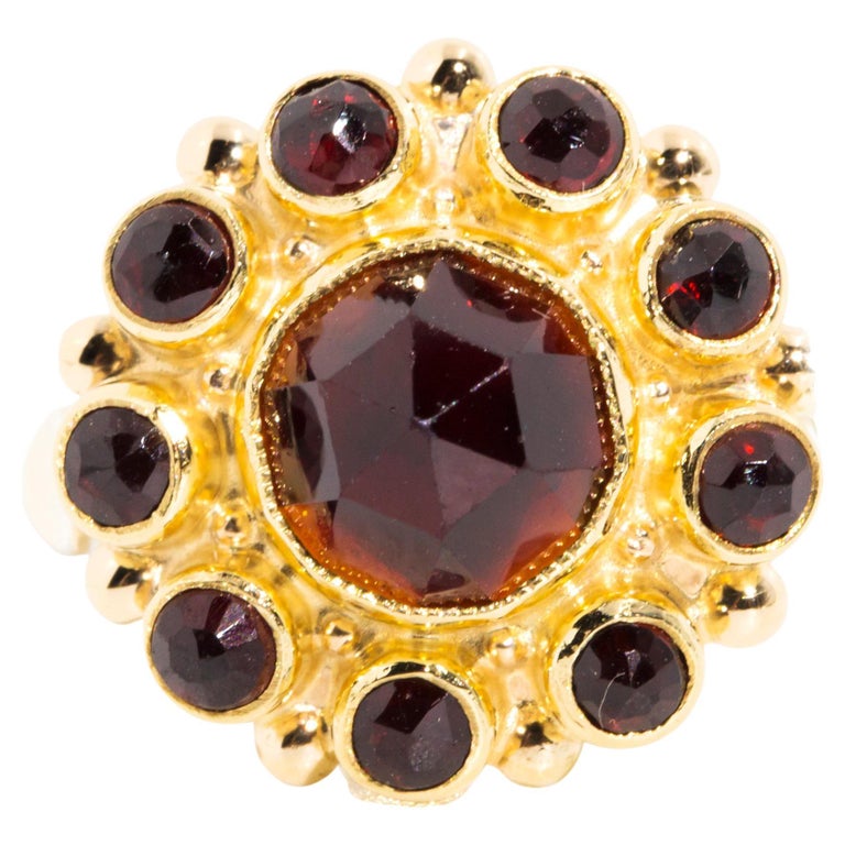 Deep Red Bohemian Garnet Vintage Halo Cluster Ring in 14 Carat Yellow ...