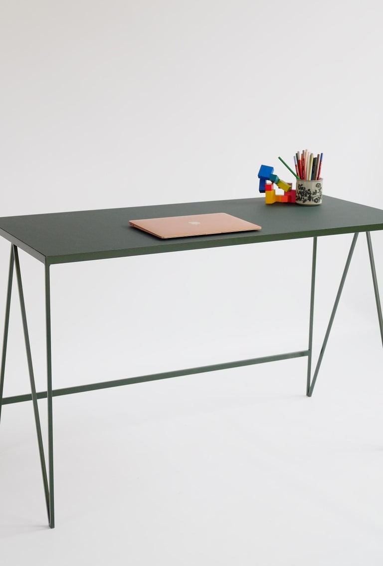 Deep Green Study Desk with Natural Linoleum Table Top, Customizable For ...