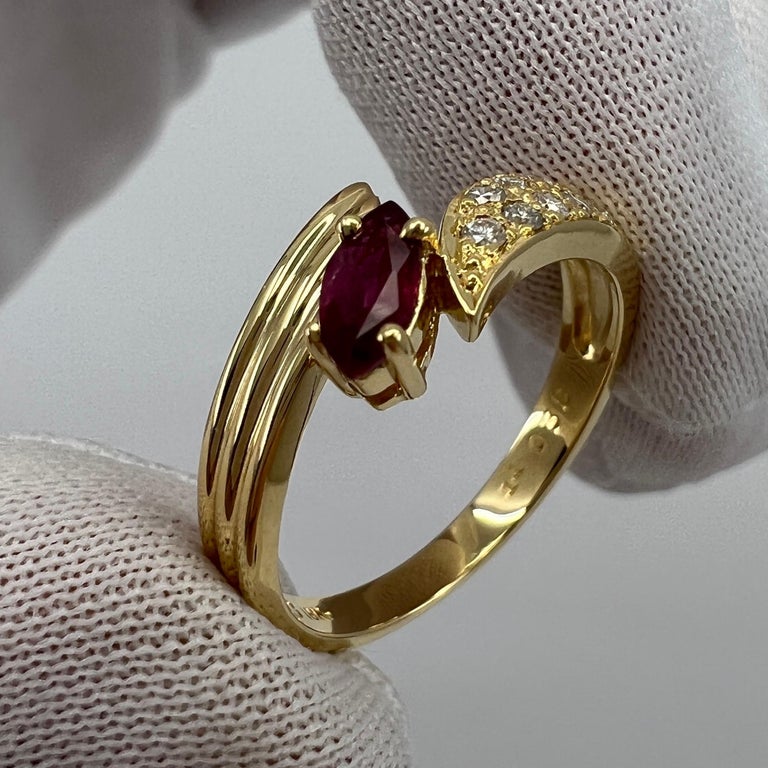 Deep Red Marquise Cut Ruby and Pave Diamond 18k Yellow Gold Cluster ...