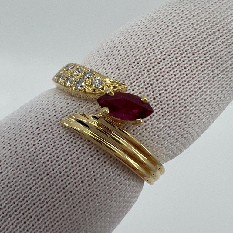 Deep Red Marquise Cut Ruby and Pave Diamond 18k Yellow Gold Cluster ...