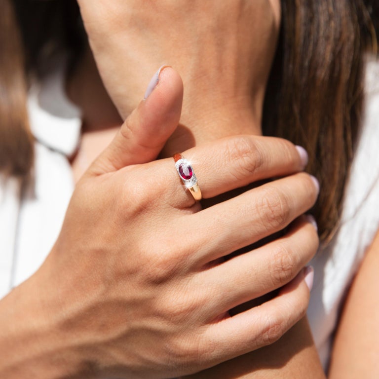 Deep Red Ruby and Diamond 9 Carat Yellow Gold Rub Over Vintage Ring ...