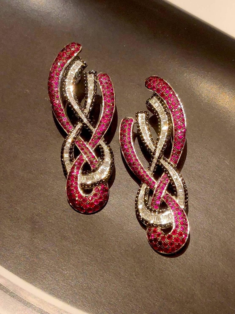 Ruby Baguette White and Black Ribbon Intertwined 18K Earrings For Sale ...