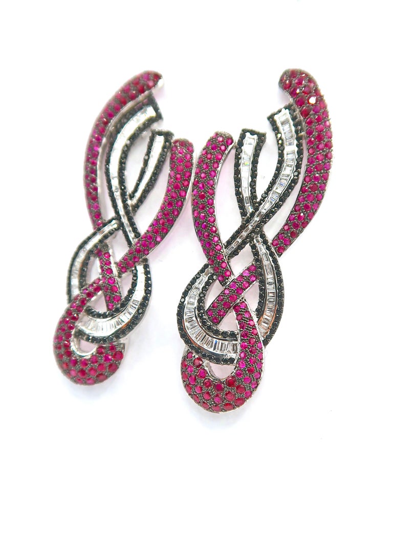 Ruby Baguette White and Black Ribbon Intertwined 18K Earrings For Sale ...