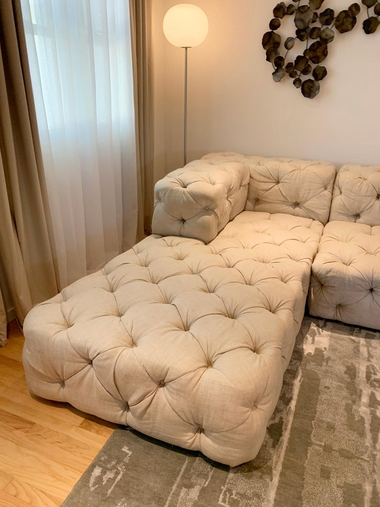 Deep Tufted 2 Piece Sectional Sofa Upholstered in Cream Colored Linen ...