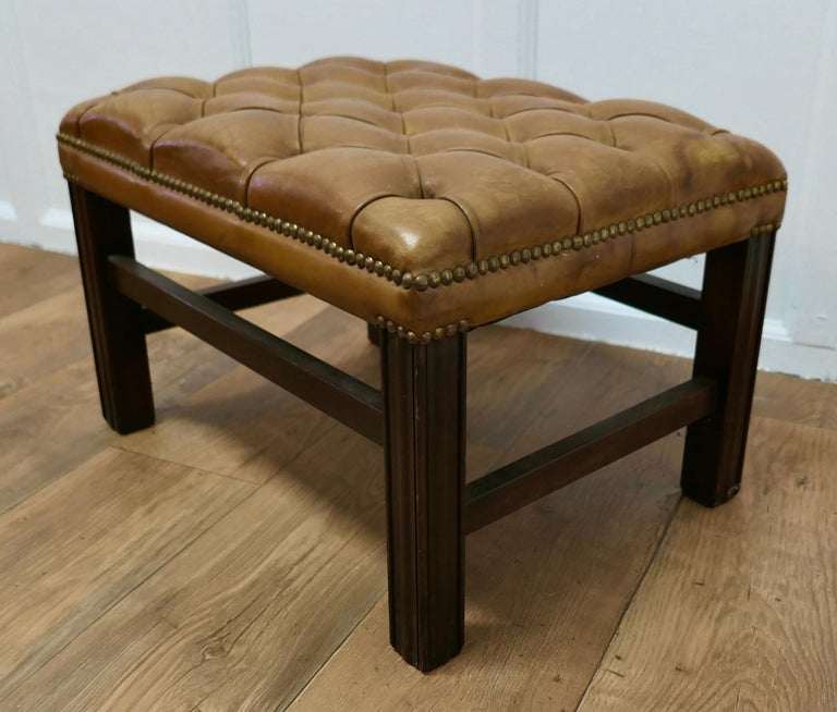 Deeply Buttoned Chesterfield Tan Leather Library Stool For Sale at 1stDibs