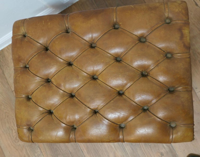Deeply Buttoned Chesterfield Tan Leather Library Stool For Sale at 1stDibs
