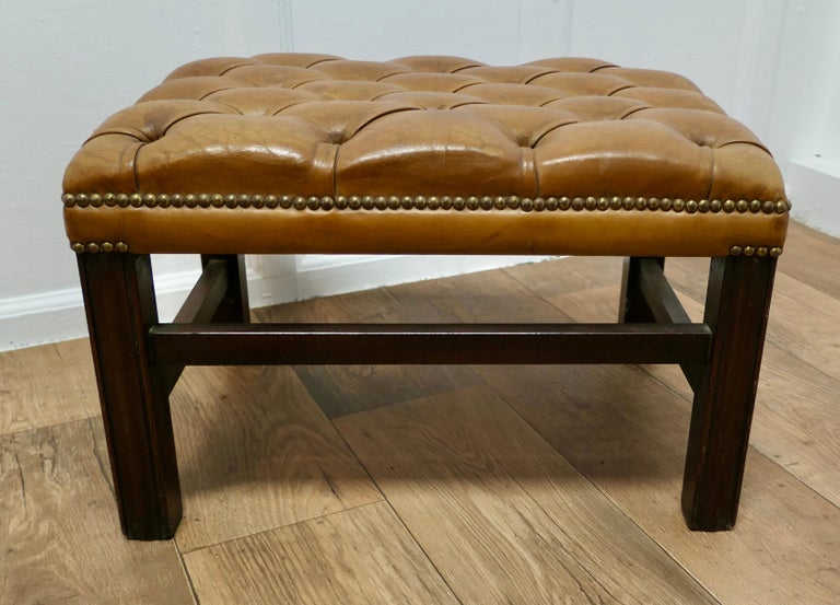 Deeply Buttoned Chesterfield Tan Leather Library Stool For Sale at 1stDibs