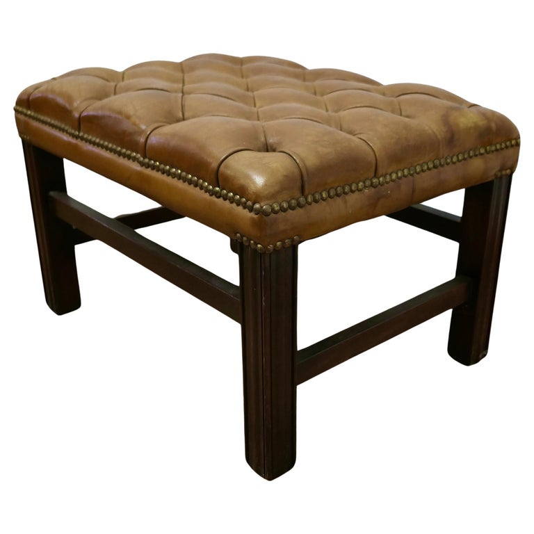 Deeply Buttoned Chesterfield Tan Leather Library Stool For Sale at 1stDibs