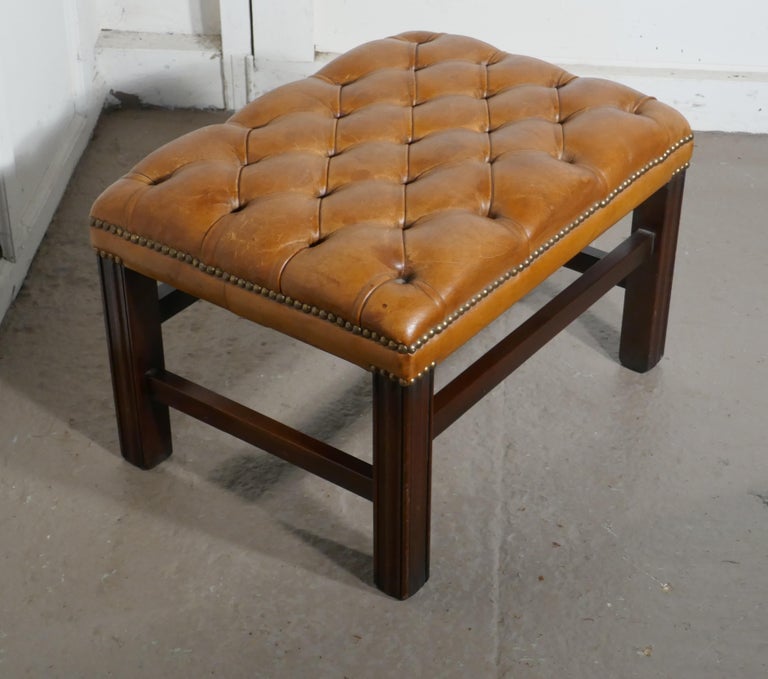 Deeply Buttoned Chesterfield Tan Leather Library Stool at 1stDibs