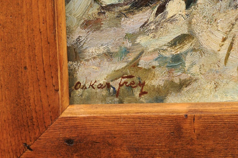 Deer in the Snowy Forest, Oil on Canvas Painting by Oskar Frey in Fir Frame For Sale at 1stDibs