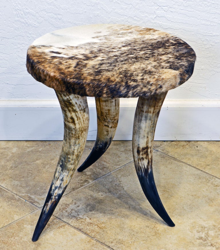 Deer Skin Covered Round Triple Bull Horn Stool or Side Table, circa ...