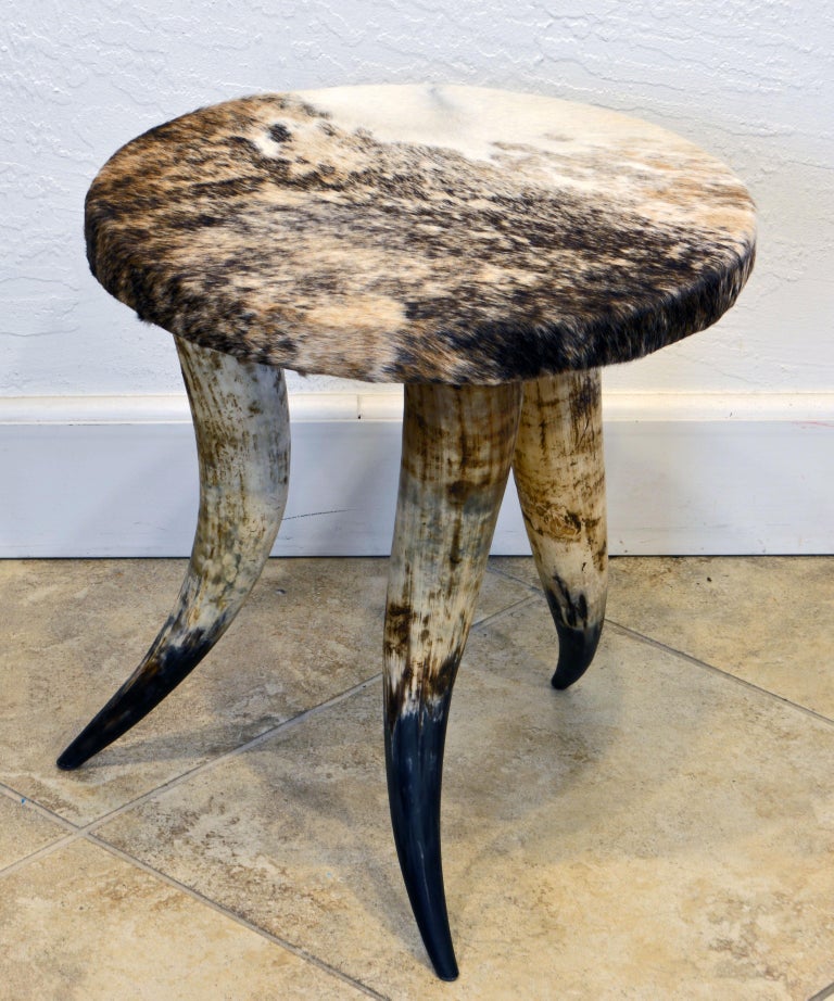 Deer Skin Covered Round Triple Bull Horn Stool or Side Table, circa ...