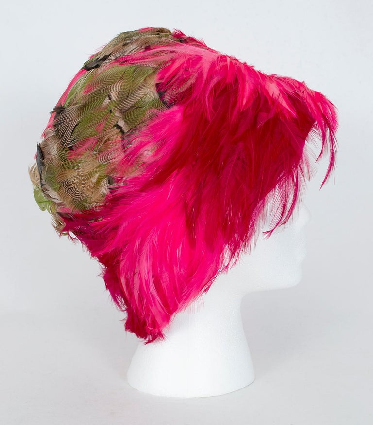 Degradé Fuchsia and Green Ostrich and Cock Feather Bucket Cloche Hat ...