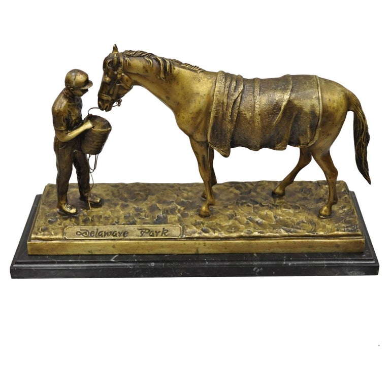 Delaware Park Bronze Equestrian Rider Jockey Feeding Race Horse Statue ...