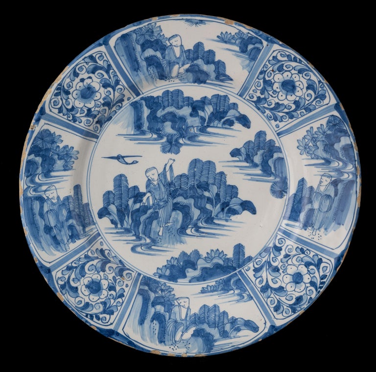 Delft 1670 Pair of Blue and White Chinoiserie Dishes Chinese Figure in ...