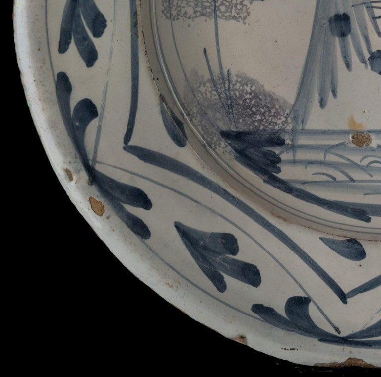 Delft Blue and White Dish with Windmill, 1700-1750 For Sale at 1stDibs