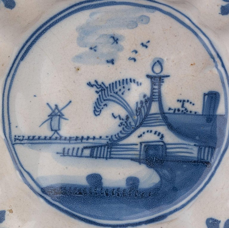 Delft Blue and white lobed dish with landscape Northern Netherlands ...