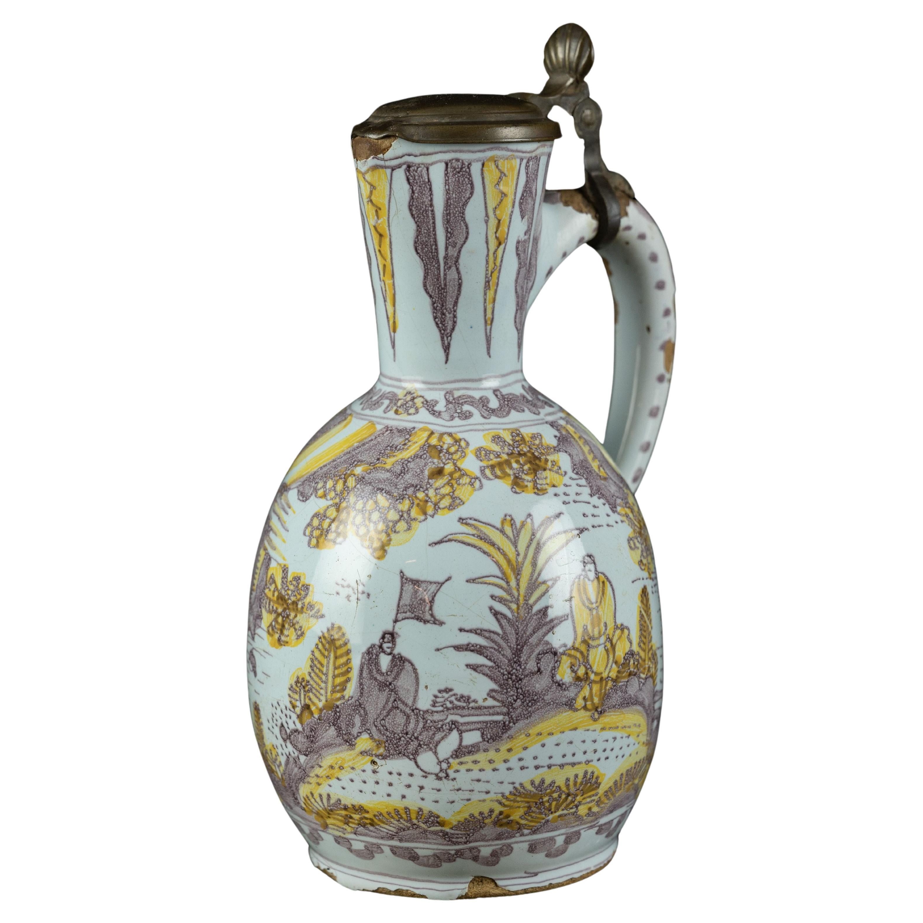 Delft, polychrome chinoiserie wine jug with a turned body circa 1680 ...