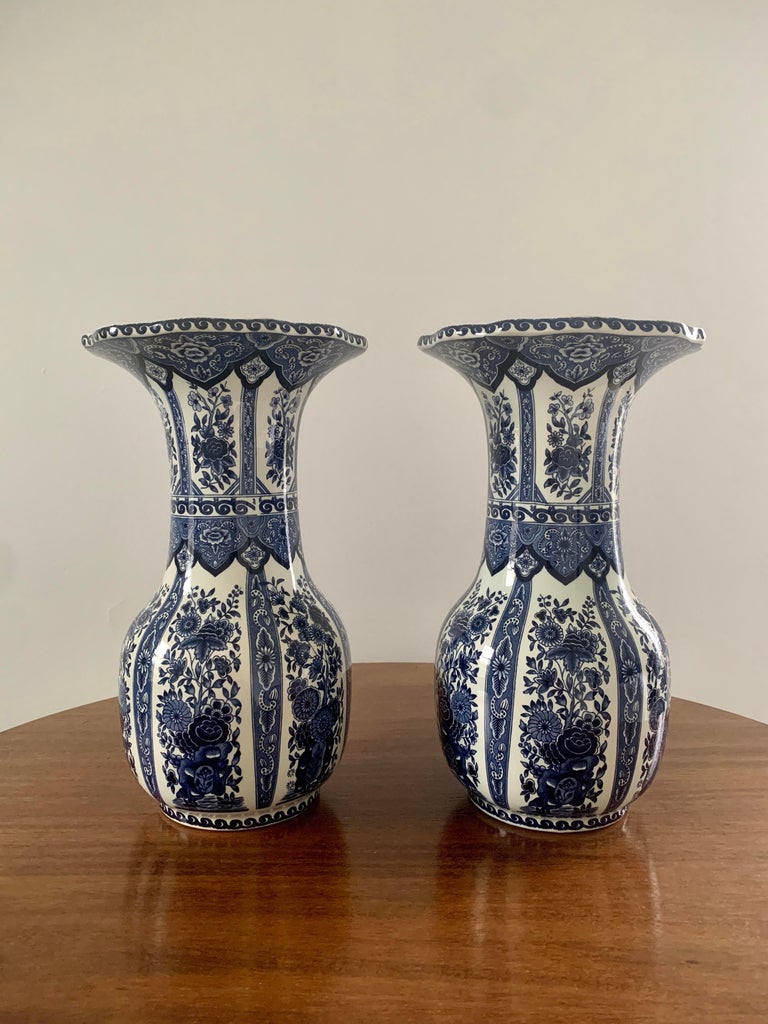 Delfts Royal Sphinx by Boch Blue and White Vases, Pair For Sale at 1stDibs