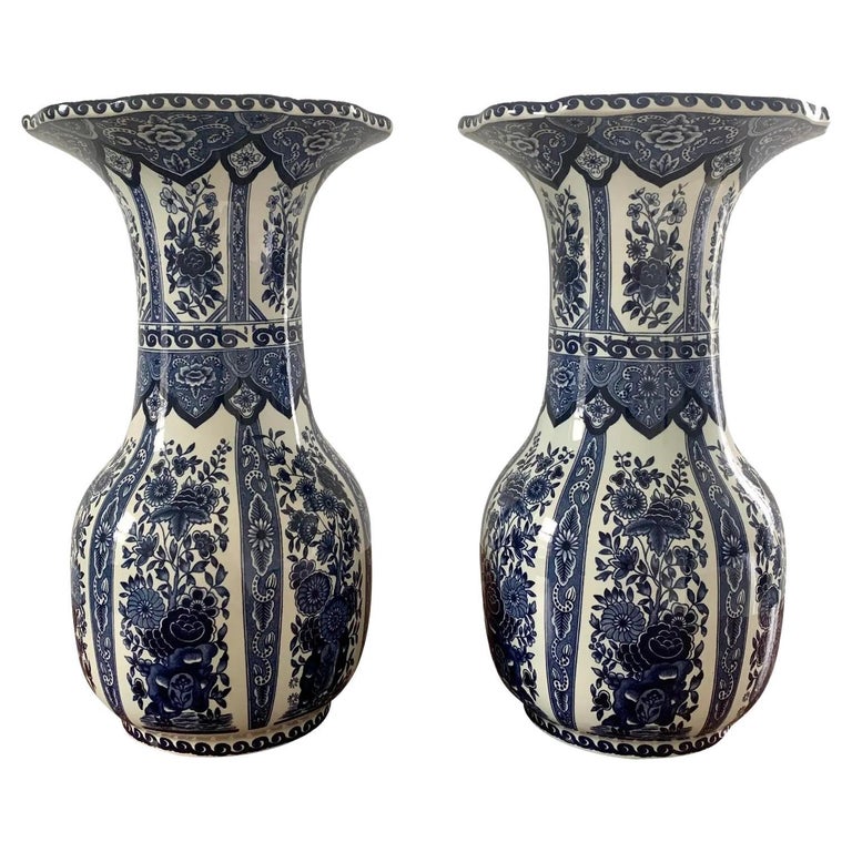 Delfts Royal Sphinx by Boch Blue and White Vases, Pair For Sale at 1stDibs