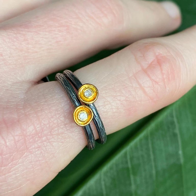 Delicate 24K Yellow Gold Circle Ring with Diamond and Silver Ring For ...