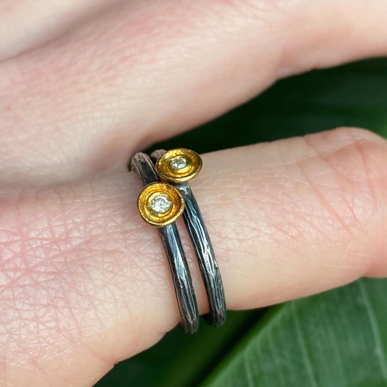 Delicate 24K Yellow Gold Circle Ring with Diamond and Silver Ring For ...