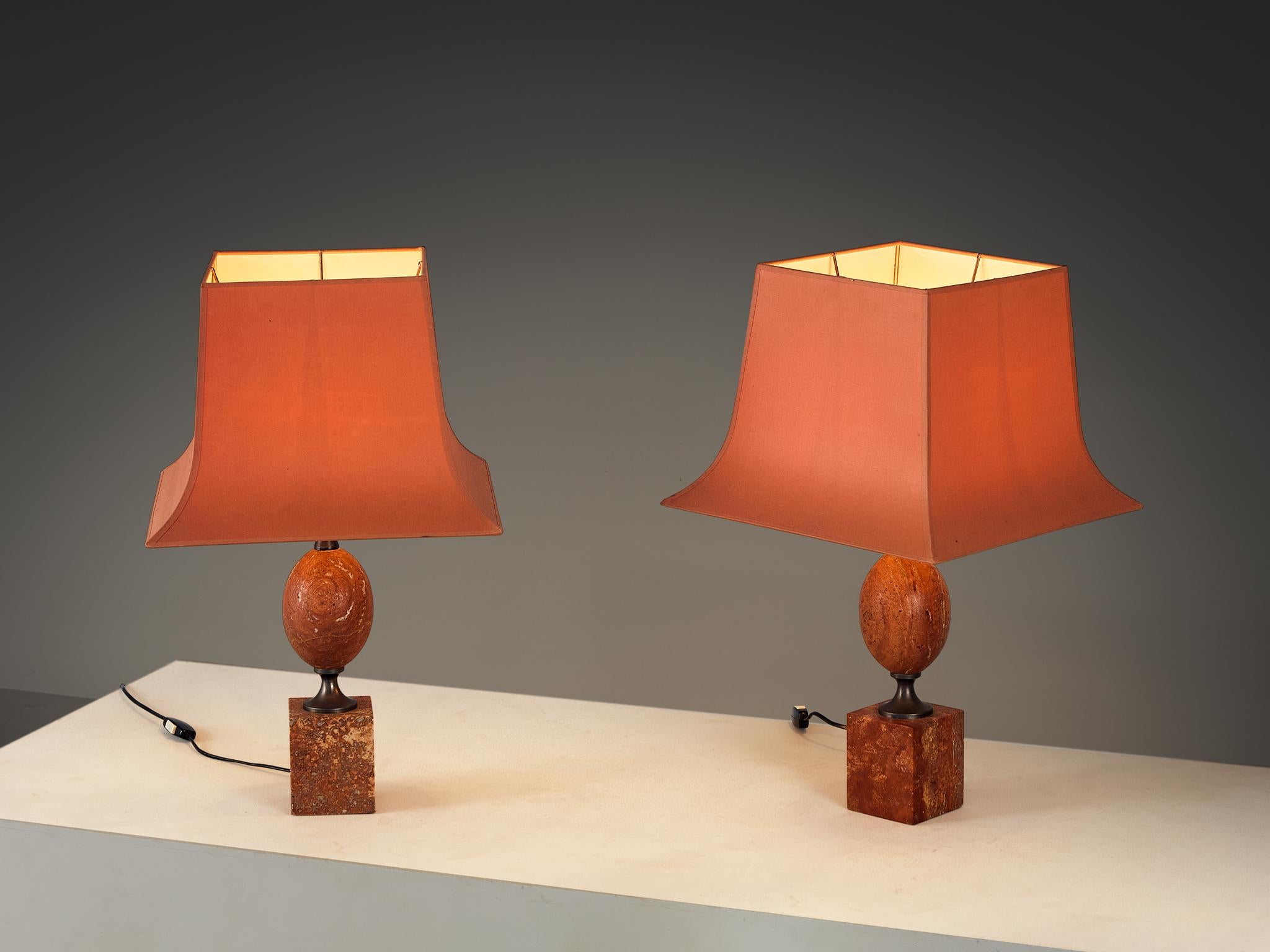 Delicate Pair of French Table Lamps in Red Travertine and Brass For ...