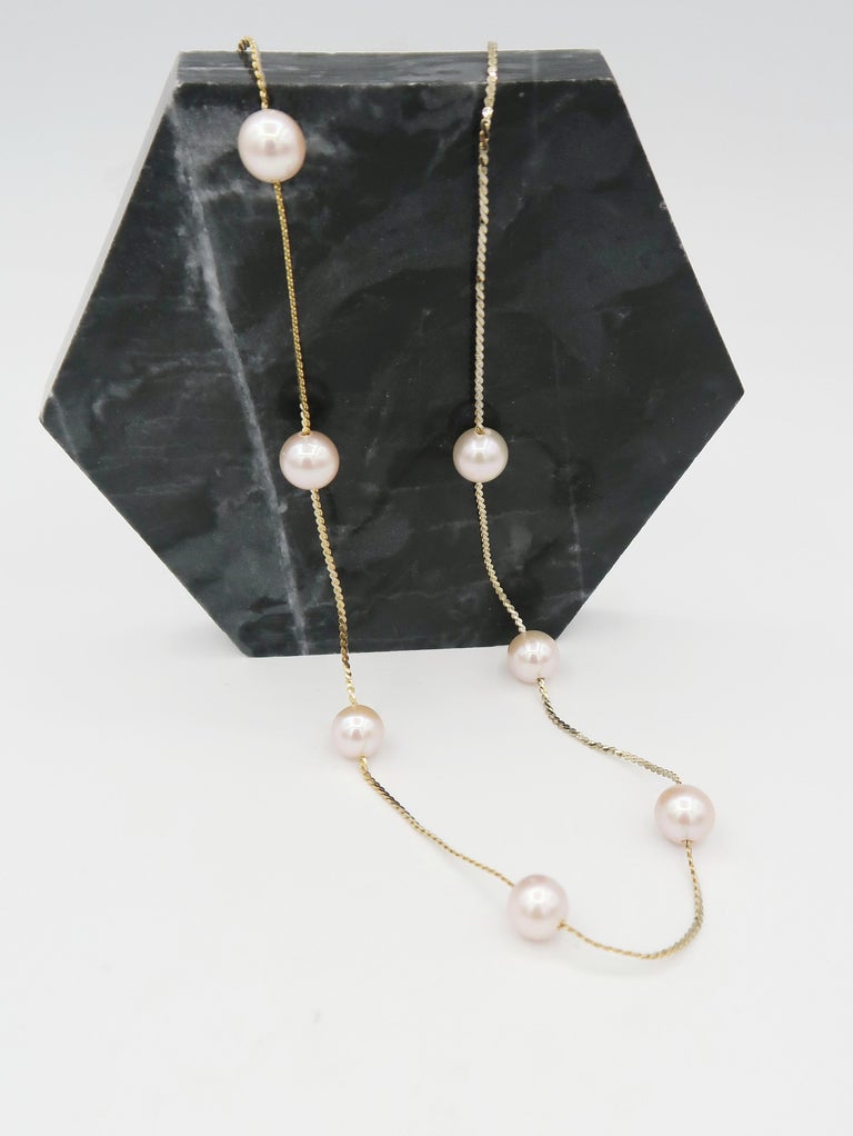 Delicate Shiny Flat Braid 18k Gold Princess Necklace with 7 Pinkish ...