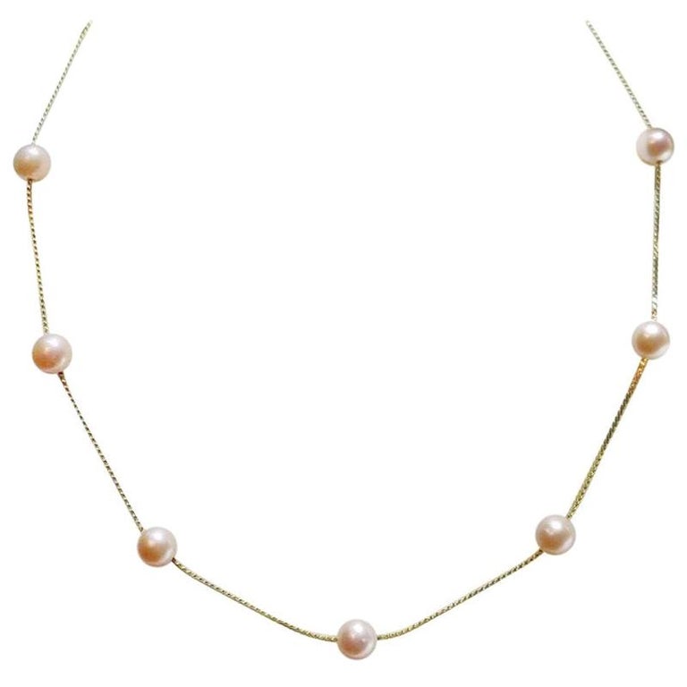 Delicate Shiny Flat Braid 18k Gold Princess Necklace with 7 Pinkish ...